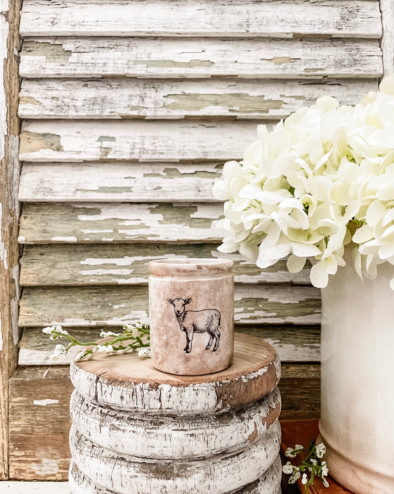 Blackdog Creations - Antique Ironstone crock w/ Lamb transfer - LTD Spring