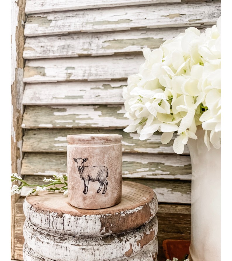 Blackdog Creations - Antique Ironstone crock w/ Lamb transfer - LTD Spring